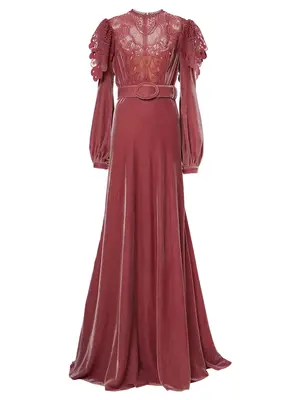 Costarellos Ashley Lace-trimmed Velvet Gown - Pink