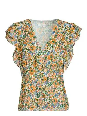 Veronica Beard Polly Ruffled Floral-print Silk-crepe Top - Orange