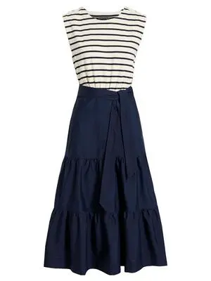 Veronica Beard Pazila Striped Cotton-jersey And Poplin Midi Dress - Navy