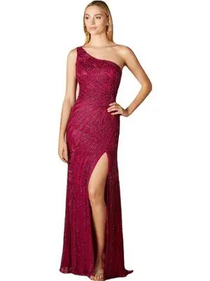 LARA NEW YORK One-shoulder Beaded Gown - Fuchsia
