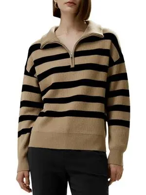 Lilysilk Collared Quarter-zip Striped Wool Sweater - Brown