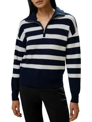 Lilysilk Collared Quarter-zip Striped Wool Sweater - Navy Blue