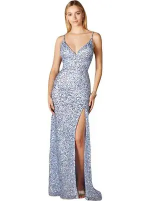 LARA NEW YORK Beaded V-neck Gown With Slit - Periwinkle