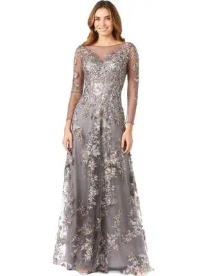 LARA NEW YORK Long Beaded Flutter Sleeve Dress - Grey