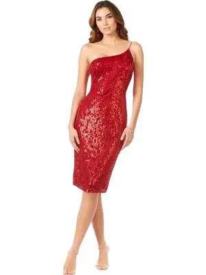 LARA NEW YORK LARA New York Beaded One-Shoulder Midi Dress Red