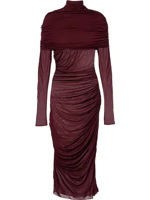MUGLER Sheer Ruched Midi Dress Red