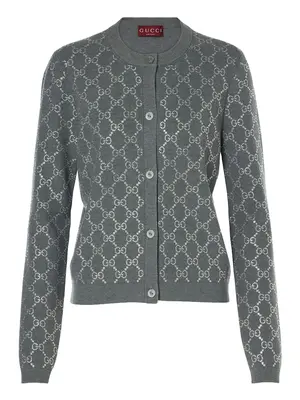 Gucci Gg Embellished Wool Jacquard Cardigan - Grey