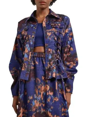 Misook Structured Woven Jacket With Lacing - Starry Night Blue