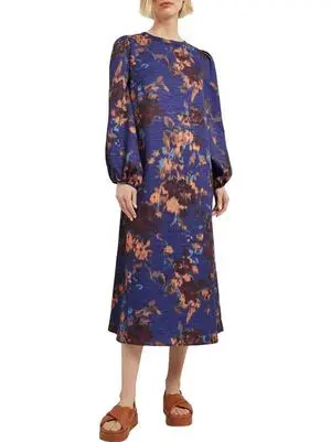 Misook Long Sleeve Woven Maxi Dress - Starry Night Blue