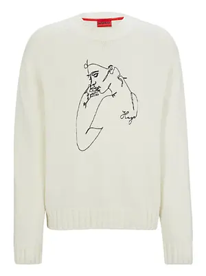 Hugo Relaxed-fit Wool-blend Jumper With Face Motif - Open White