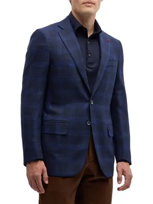 Isaia Plaid Wool Sport Coat - Bright Blu