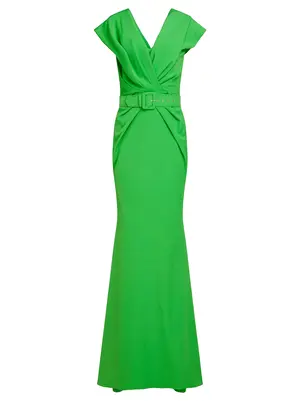 RHEA COSTA Belted Draped Crepe Gown - Green