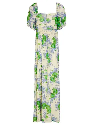 GANNI Ruched Floral-print Maxi Dress - Green