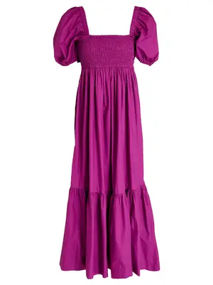 GANNI Shirred Cotton-poplin Maxi Dress - Violet