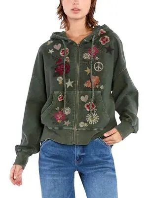 BILLY T Camp Peace Floral Embroidered Hoodie - Camp Green