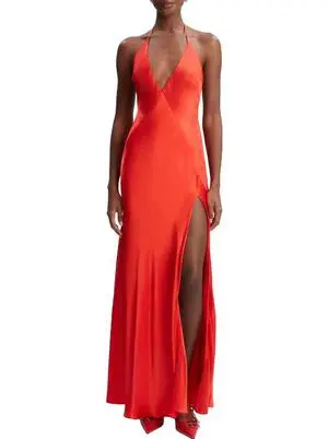 Bardot Yve Satin Halter Dress - Fire Red