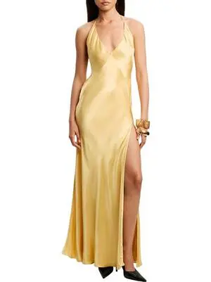 Bardot Yve Satin Halter Dress - Tuscan Yellow