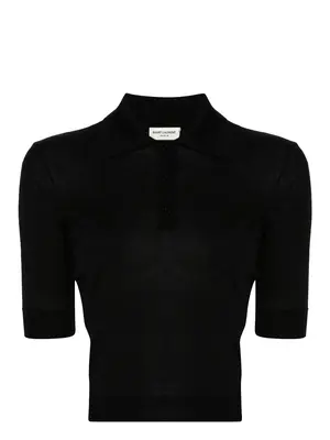 Saint Laurent Cassandre Embroidery Polo Top - Black