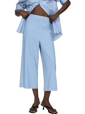 Mango Linen Blend Wide Leg Cropped Pants - Sky Blue