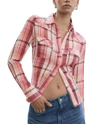 Mango MANGO Plaid Gauzy Button-Up Shirt Pink