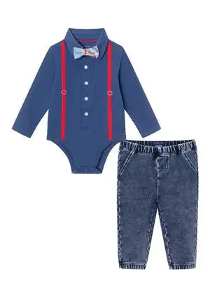 Andy & Evan Button-up Bodysuit With Joggers And Bow Tie - Navy Denim