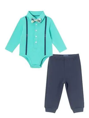 Andy & Evan Andy & Evan Button-Up Bodysuit With Joggers And Bow Tie Teal Pique