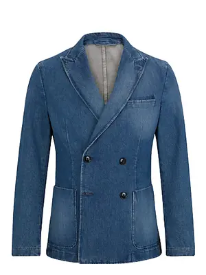 BOSS Slim-fit Double-breasted Denim Blazer - Open Blue