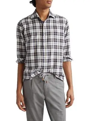 Eleventy Plaid Cotton Button-up Shirt - Blue, Sand