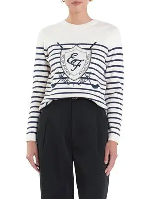 English Factory Embroidered Stripe Knit Top - Navy/white
