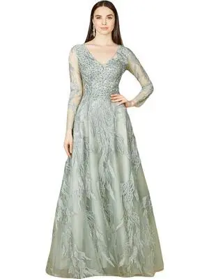 LARA NEW YORK Long Sleeve Lace Ballgown - Sage