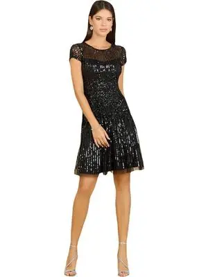 LARA NEW YORK Cap Sleeve Sequin Dress - Black