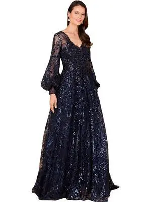 LARA NEW YORK V-neckline Long-sleeve Gown - Navy