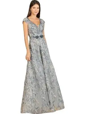 LARA NEW YORK Lace Embellished A-line Gown - Bluemulti