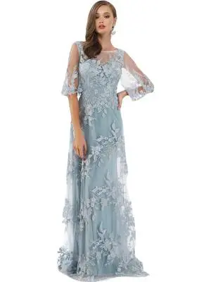 LARA NEW YORK Cape Sleeves A-line Lace Gown - Dusk