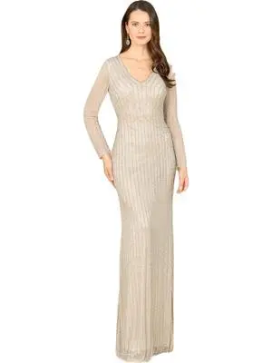 LARA NEW YORK Classic V-neck Beaded Gown - Silver