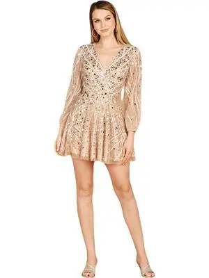 LARA NEW YORK Beaded Long Sleeve Mini Dress - Nudeivory