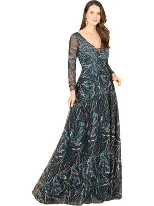 LARA NEW YORK Floral Lace Long Sleeve Gown - Darkblue