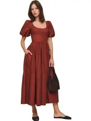 REFORMATION Everlyn Midi Dress With Puff Sleeves And Full Skirt - Red