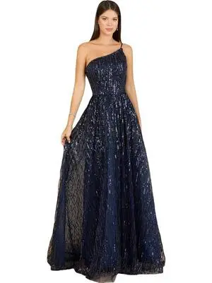 LARA NEW YORK One-shoulder A-line Gown - Navy