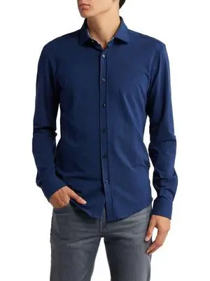 BOSS Roan Solid Stretch Cotton Button-up Shirt - Dark Blue