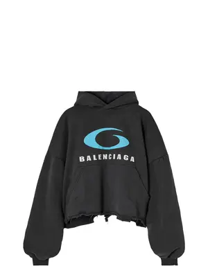 Balenciaga Oversized Cropped Distressed Printed Hoodie - Black