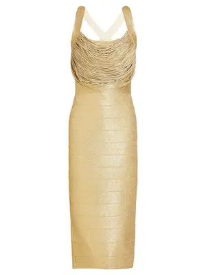 Herve Leger Fringed Metallic Bandage Midi Dress - Gold