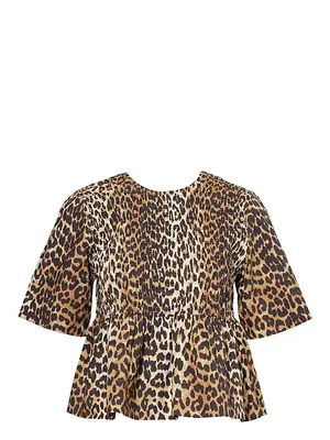 GANNI Animal-Pattern Open-Back Shirred Blouse Leopard