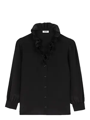 Sandro Ruffle-neck Silk Shirt - Noir / Gris