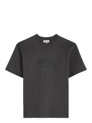 GANNI Logo Crystal-embellished Cotton T-shirt - Dark Grey
