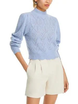 Aqua 100% Cashmere Pointelle Mock Neck Sweater Chambray