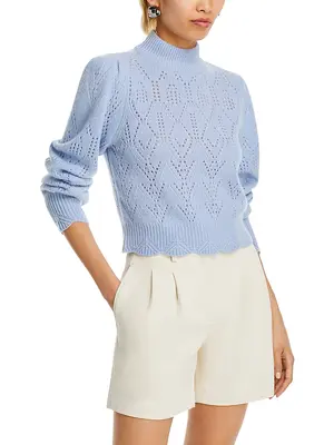 Aqua 100% Cashmere Pointelle Mock Neck Sweater Chambrey