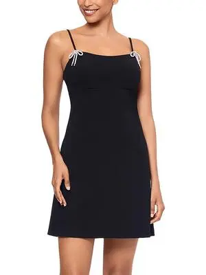 Aqua Scuba Crepe Rhinestone Bow Mini Dress - Black