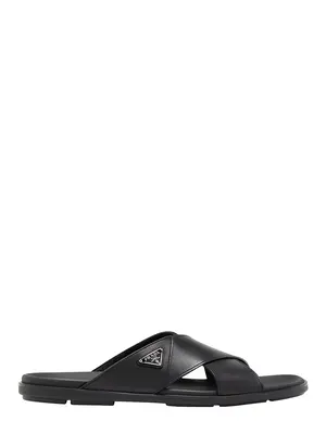 Prada Leather Crisscross Slide Sandals - Black
