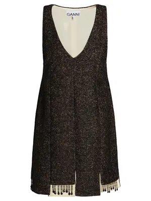 GANNI Herringbone Tweed Mini Dress - Black